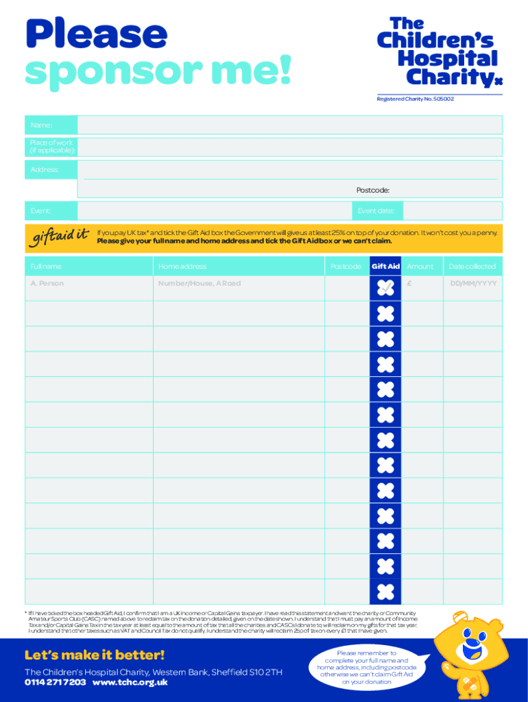 Fillable Online Please sponsor me! - The Children's Hospital Charity ...