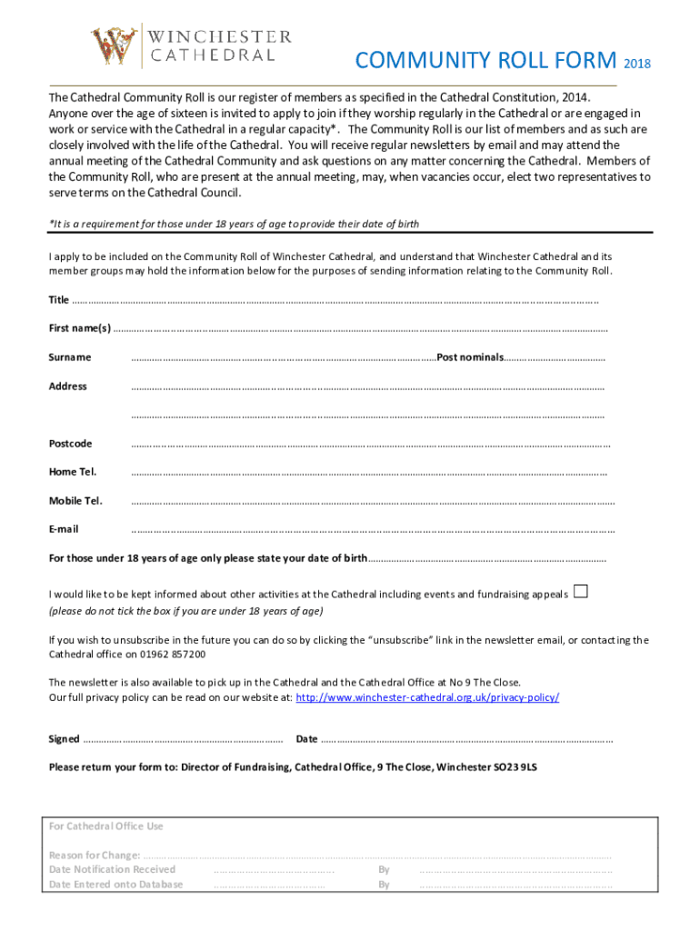 Fillable Online Cathedral Community Roll Application FormChrist Church ...