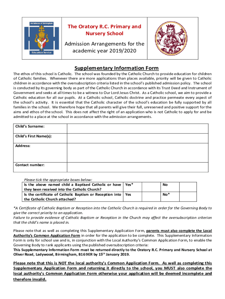 Fillable Online oratory bham sch The Oratory R.C. Primary and Nursery ...