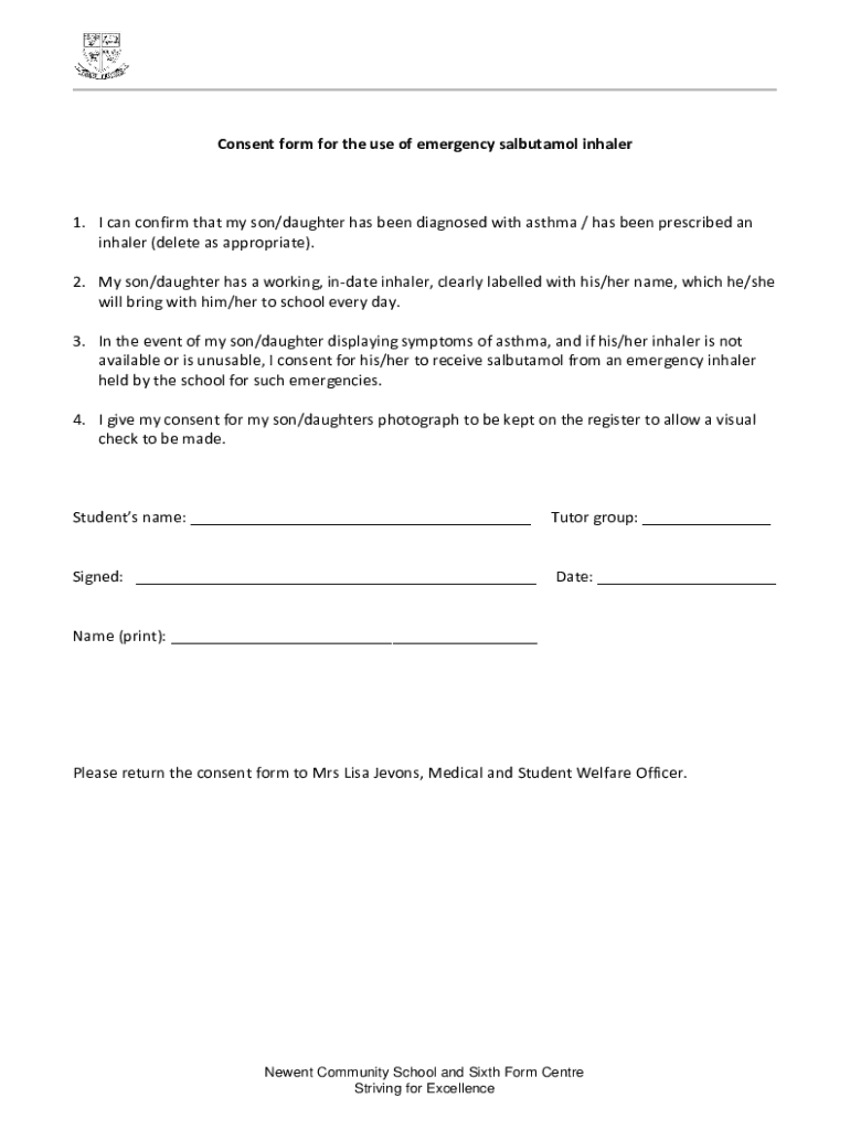 Fillable Online newent gloucs sch Asthma Inhaler Consent Form - Stanley Park Junior School Fax ...