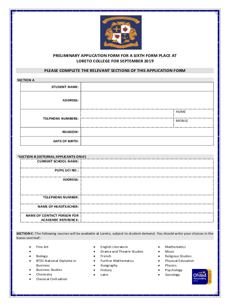 Fillable Online PRELIMINARY APPLICATION FORM FOR A SIXTH FORM PLACE AT ...