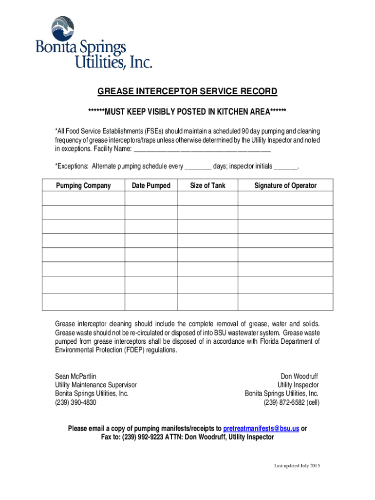Fillable Online GREASE INTERCEPTOR SERVICE RECORD FORM rev 070615 Fax ...