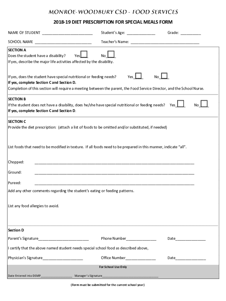 Fillable Online 18-19 Food Services Letter to families Special Dietary ...