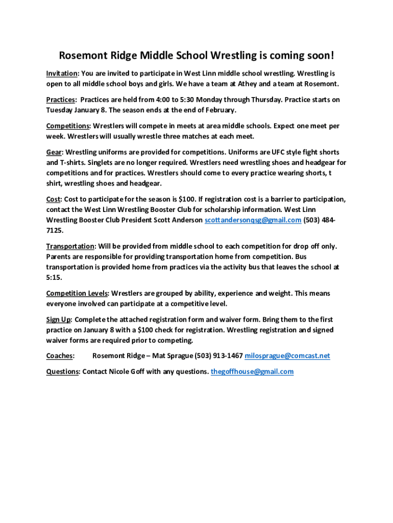 Fillable Online Rosemont Ridge Middle School Wrestling is coming soon ...