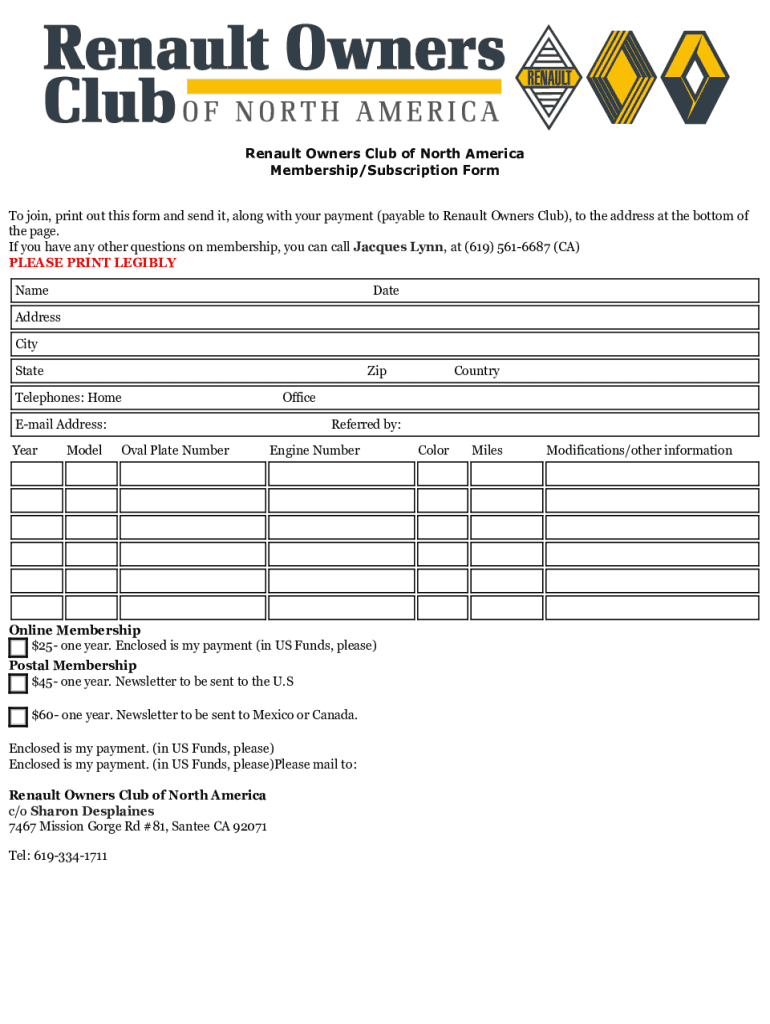 Fillable Online Renault Owners Club of North America Membership ...