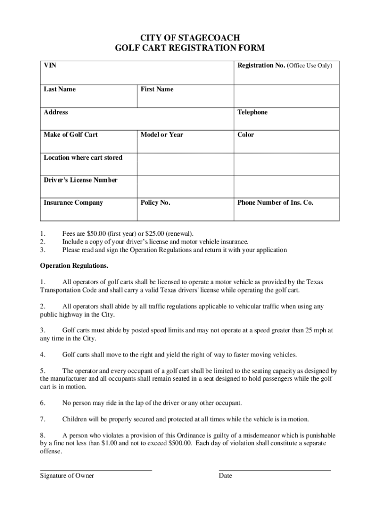 Fillable Online CITY OF STAGECOACH GOLF CART REGISTRATION FORM Fax ...