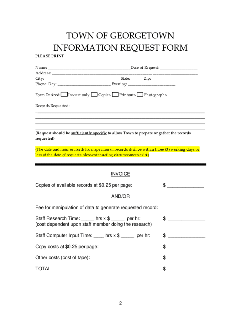 Fillable Online TOWN OF GEORGETOWN OPEN RECORDS REQUEST FORM AND ...