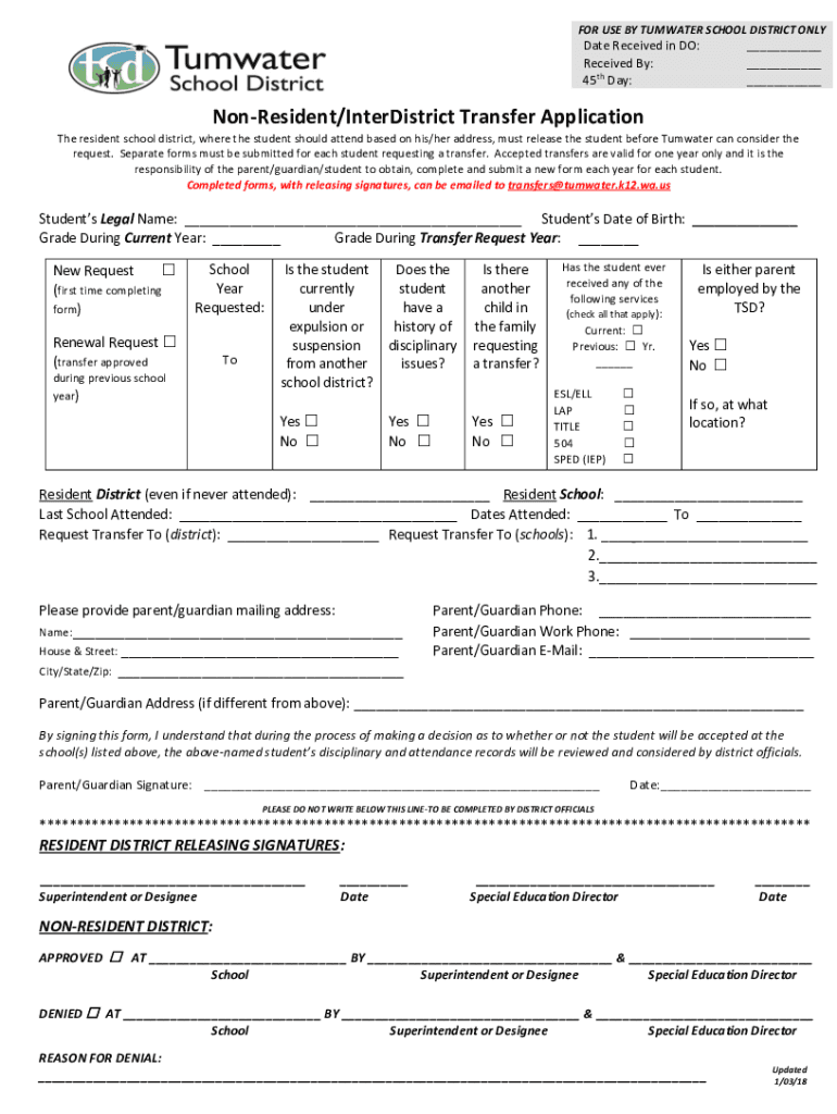 Fillable Online Non Resident Transfer Form - Tumwater School District Fax Email Print - pdfFiller