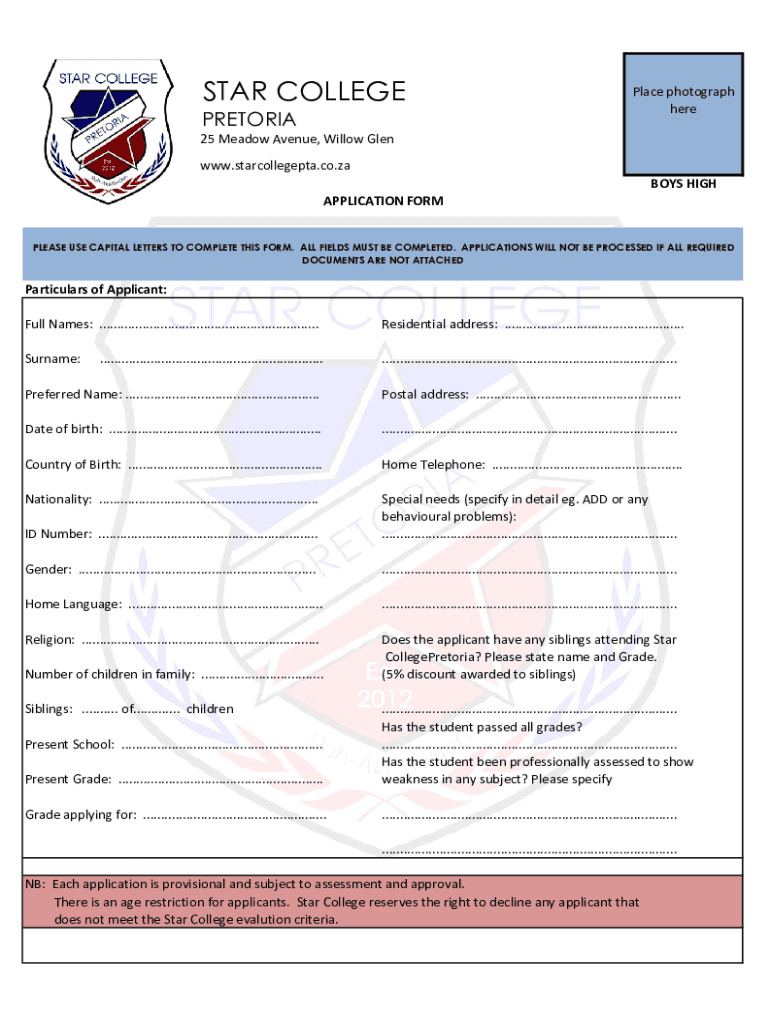 Fillable Online Star College PTA Boys High application form 2019.xlsx ...