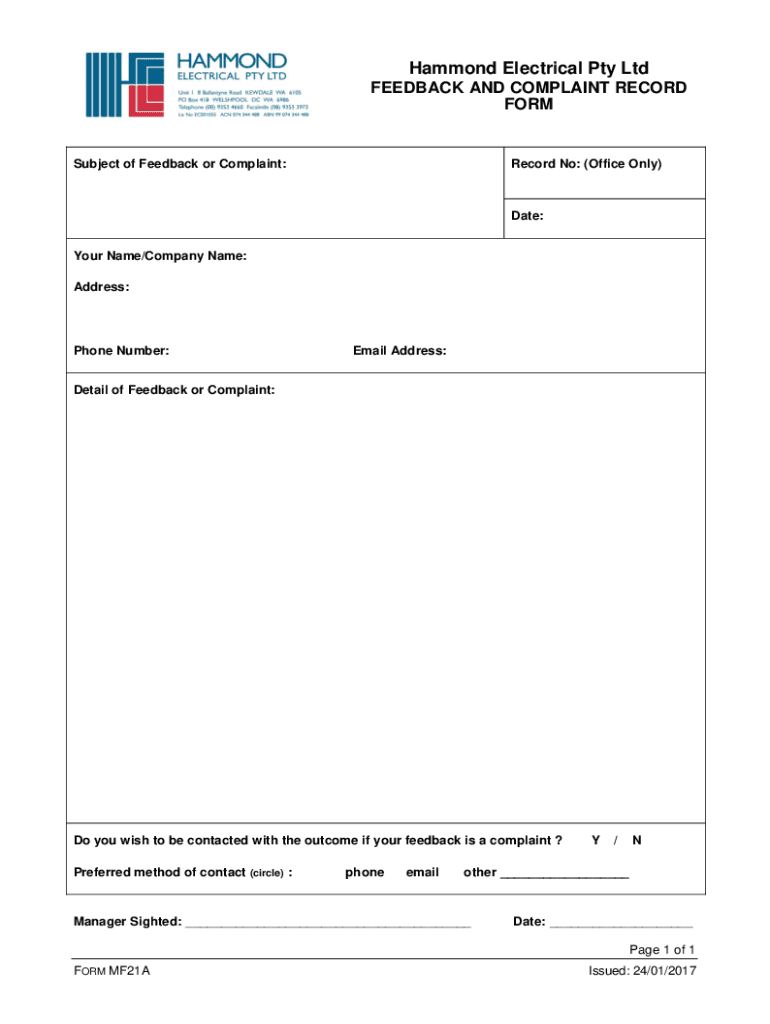 Fillable Online Hammond Electrical Pty Ltd FEEDBACK AND COMPLAINT ...