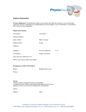 Fillable Online Patient Information Form Physio Studio Fax Email Print ...