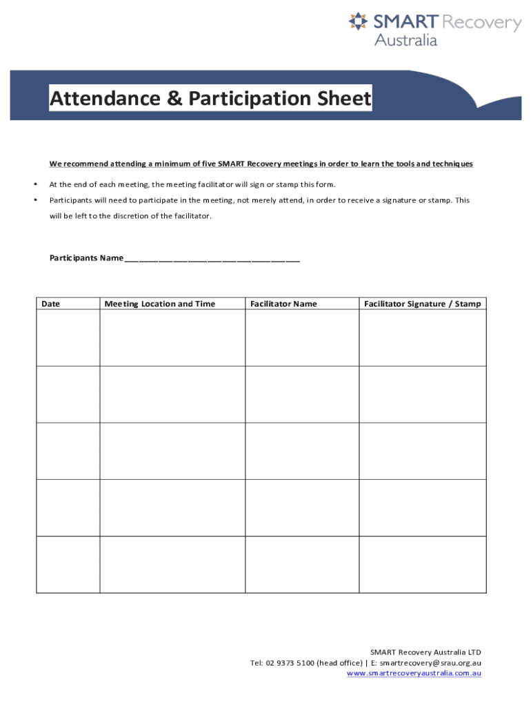 Fillable Online Smart Recovery Attendance Sheet - Fill Out and Sign ...