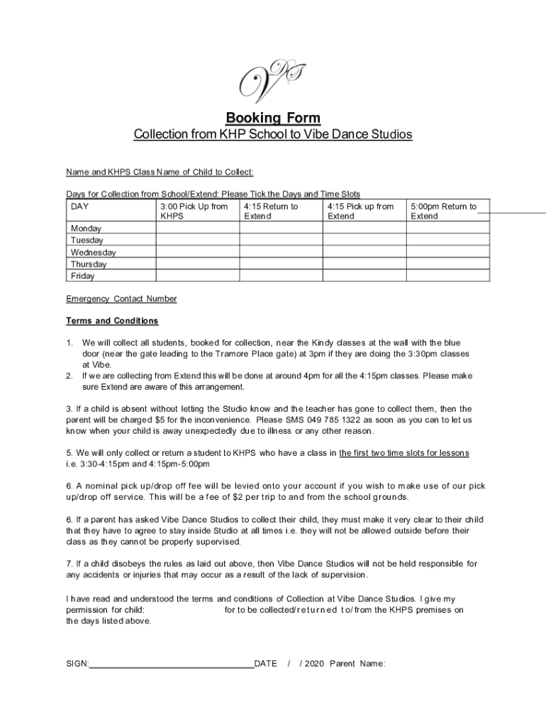 Fillable Online Booking Form Collection from KHP School to Vibe Dance ...