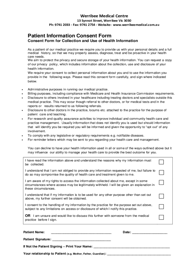 Fillable Online Patient Information Consent Form - Werribee Medical Centre Fax Email Print ...