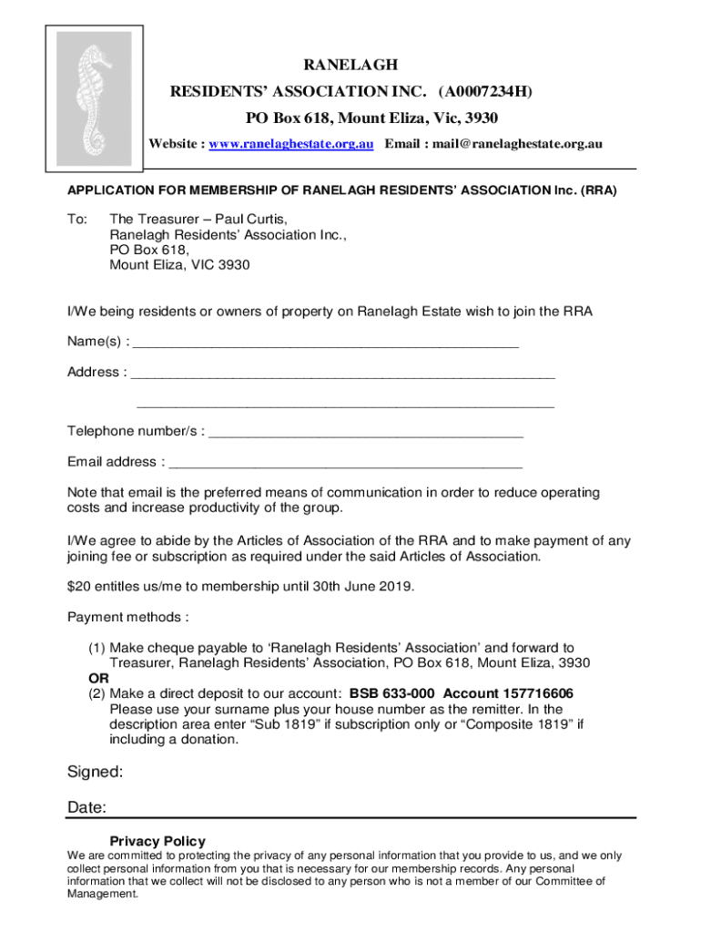 Fillable Online APPLICATION FOR MEMBERSHIP OF RANELAGH RESIDENTS ...