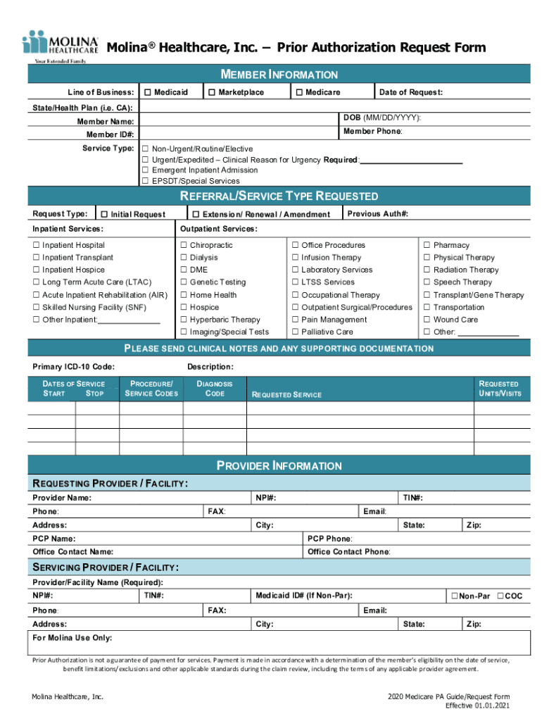 Fillable Online Molina Healthcare Pre Authorization Form - Health and ...