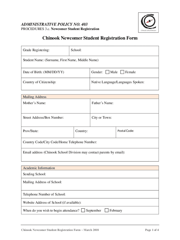 Fillable Online Revised Chinook Newcomer Student Registration Form ...