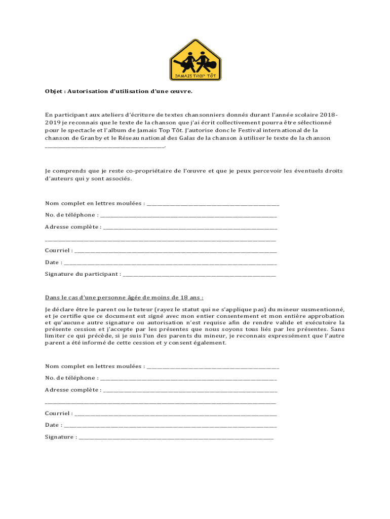 Remplissable En Ligne Objet Autorisation Dutilisation Dune Uvre