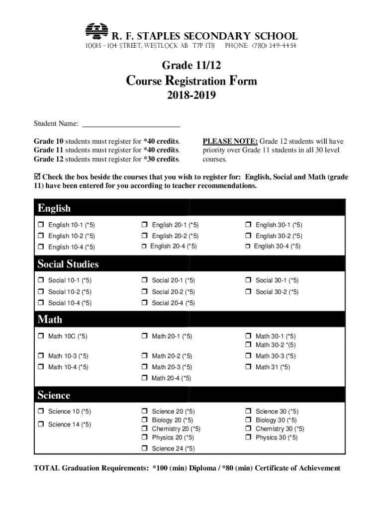 Fillable Online R.F. Staples Secondary School - Pembina Hills School ...