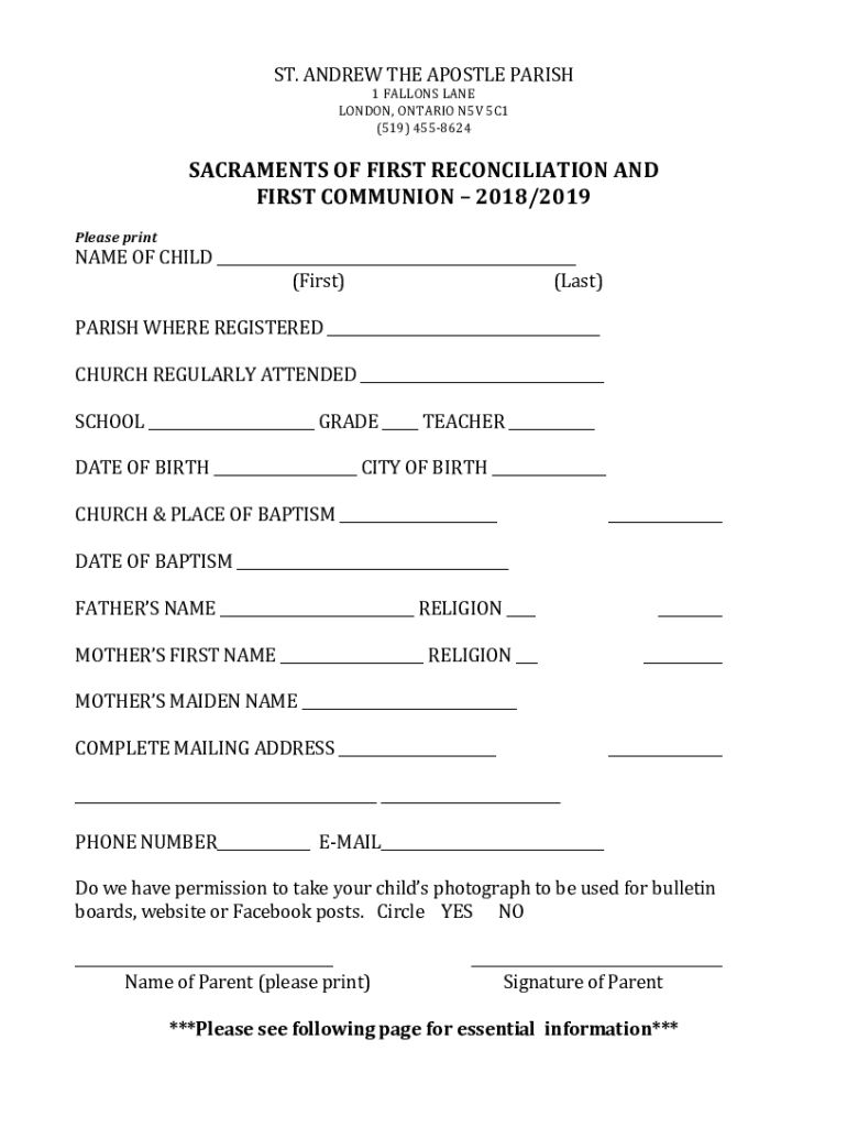 Fillable Online 2018-2019 First Reconciliation and First Communion registration form.docx Fax ...