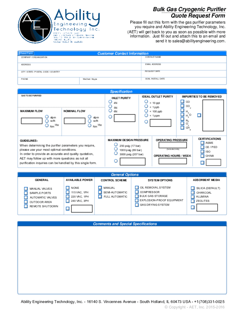 Fillable Online AET PURIFIER FORM - Ability Engineering Technology, Inc. Fax Email Print - pdfFiller