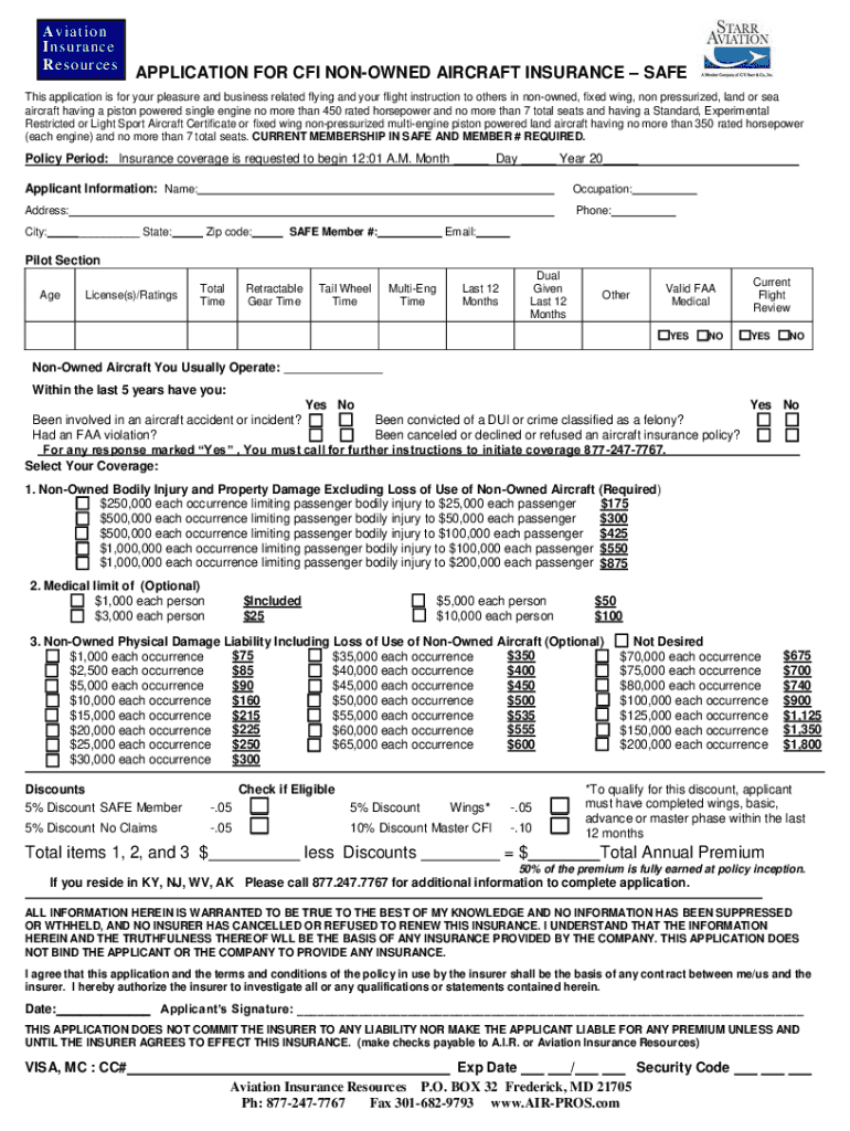 Fillable Online Application for CFI Non-Owned Aircraft InsuranceS Fax ...
