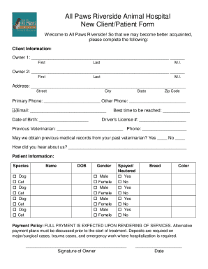Fillable Online All Paws Riverside Animal Hospital New Client/Patient ...