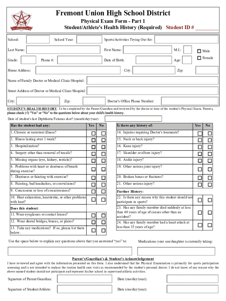 Fillable Online PHYSICAL EXAMINATION FORM - Hardin County Schools Fax ...
