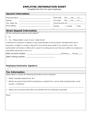 Fillable Online 50+ Employee Information Sheets PDF+Word ...