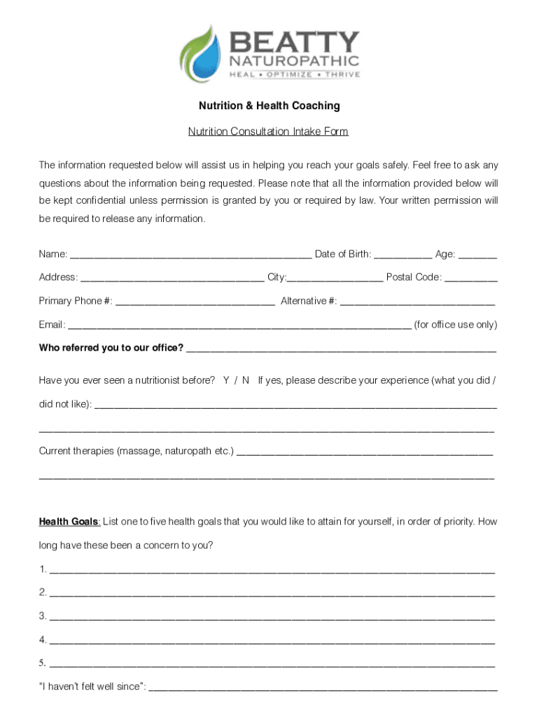 Fillable Online Nutritionist Intake Form Fax Email Print - pdfFiller
