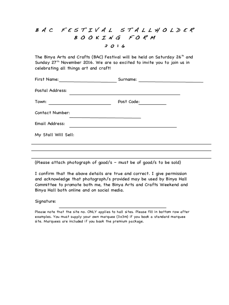 Fillable Online Stallholder Booking Form 2016.docx Fax Email Print ...