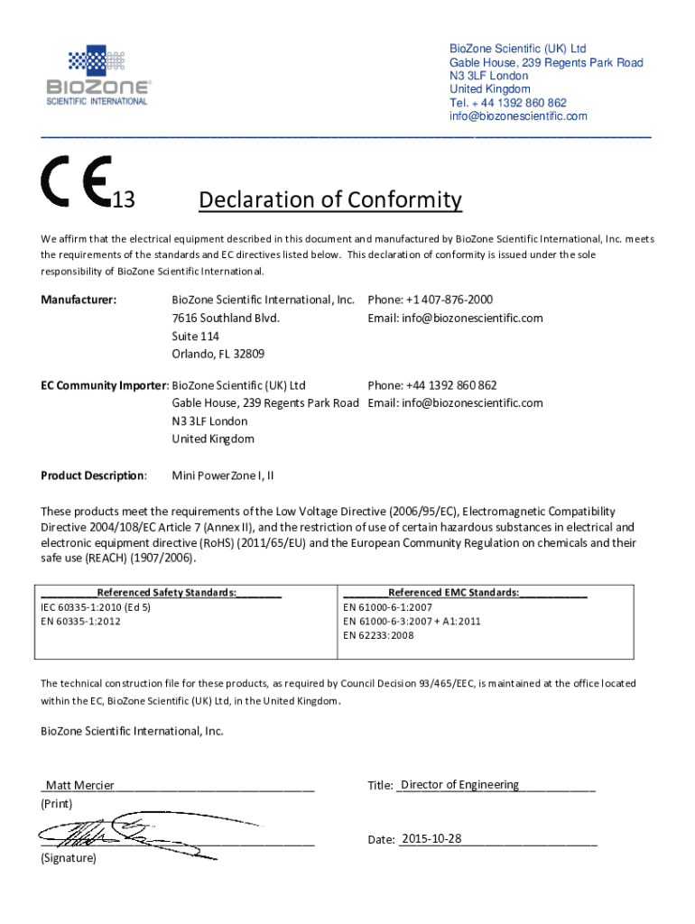 Fillable Online This declaration of conformity is issued under the sole ...