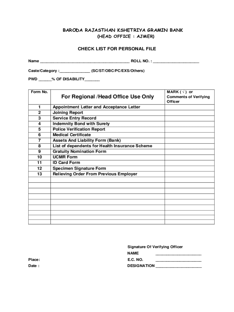 Fillable Online CHECK LIST FOR PERSONAL FILE Fax Email Print - pdfFiller