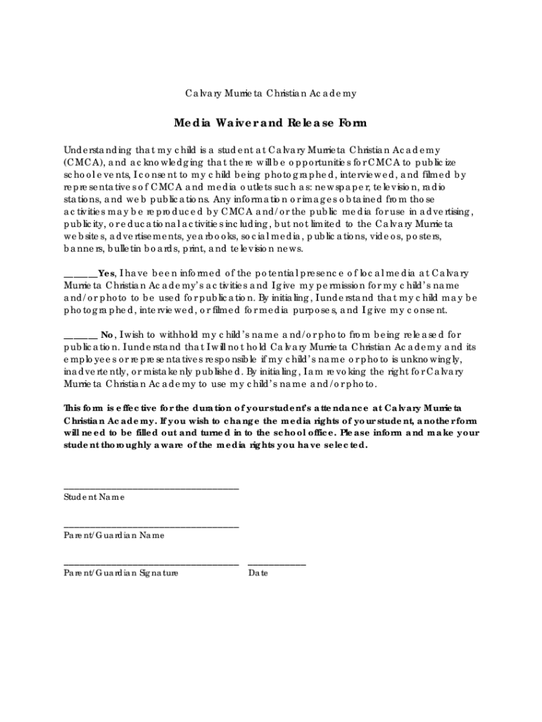 Fillable Online Media Waiver and Release Form - Calvary Murrieta ...