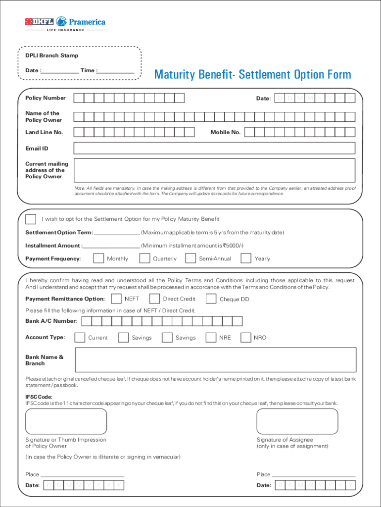 Fillable Online GB1337-Maturity Benefit- Settlement Option Form-DLPI ...