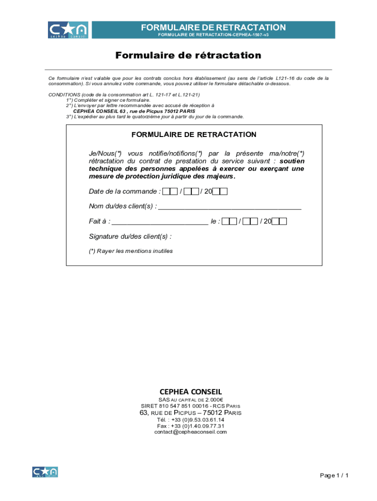 Remplissable En Ligne FORMULAIRE DE RETRACTATION - alinea Fax Email ...