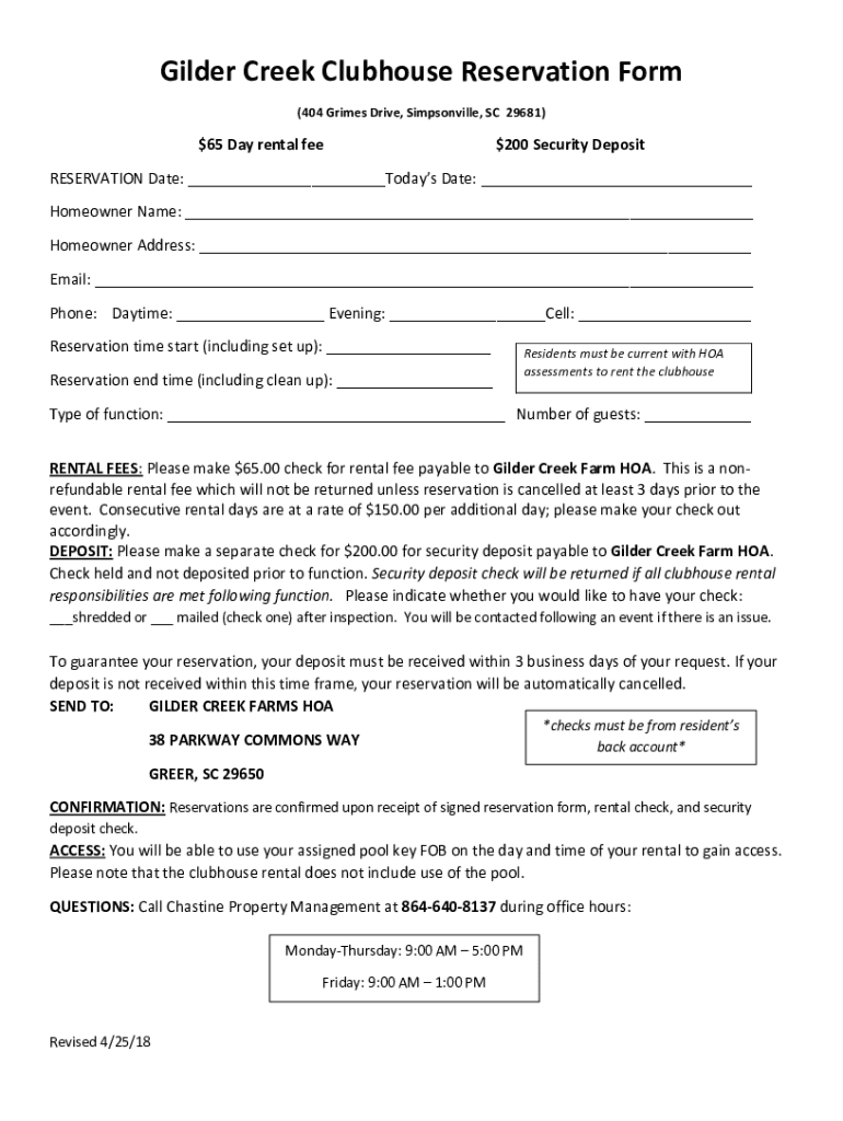 Fillable Online Gilder Creek Clubhouse Reservation Form - Chastine ...