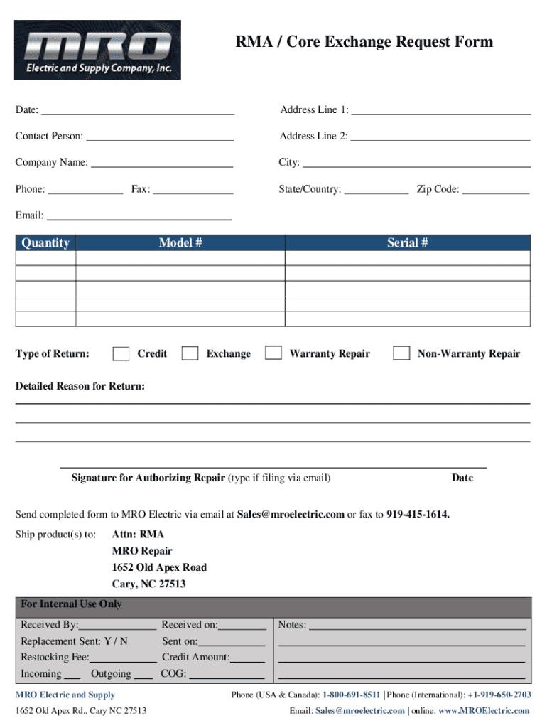 Fillable Online RMA / Core Exchange Request Form Fax Email Print ...