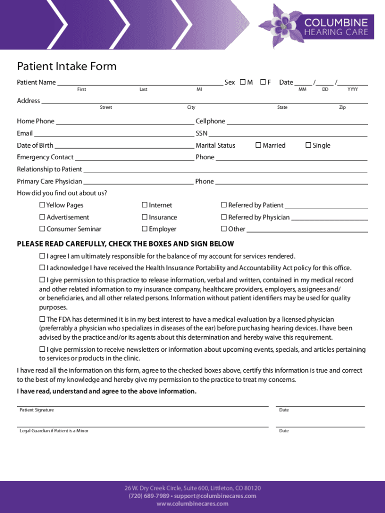Fillable Online Patient Intake Form For Mild or Profound Hearing Loss ...