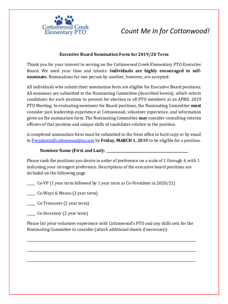 Fillable Online Executive Board Nomination FormCottonwood Creek PTO Fax ...