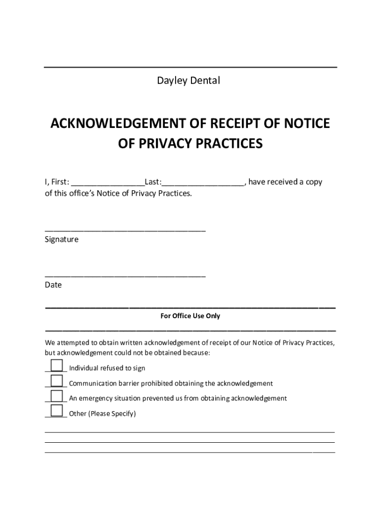 Fillable Online NOTICE OF PRIVACY PRACTICES ACKNOWLEDGEMENT ... Fax ...