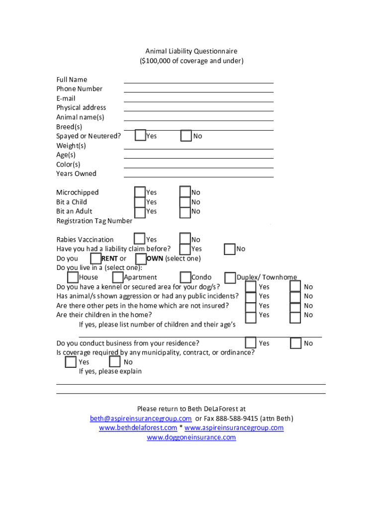Fillable Online Animal Liability Insurance for Dogs & Pets ...