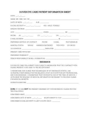Fillable Online DOVER EYE CARE PATIENT INFORMATION SHEET Fax Email ...
