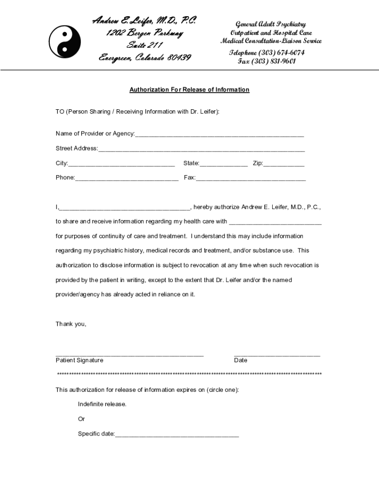 Fillable Online Dr. Andrew Leifer, MDPsychiatrist in Evergreen, COUS ...