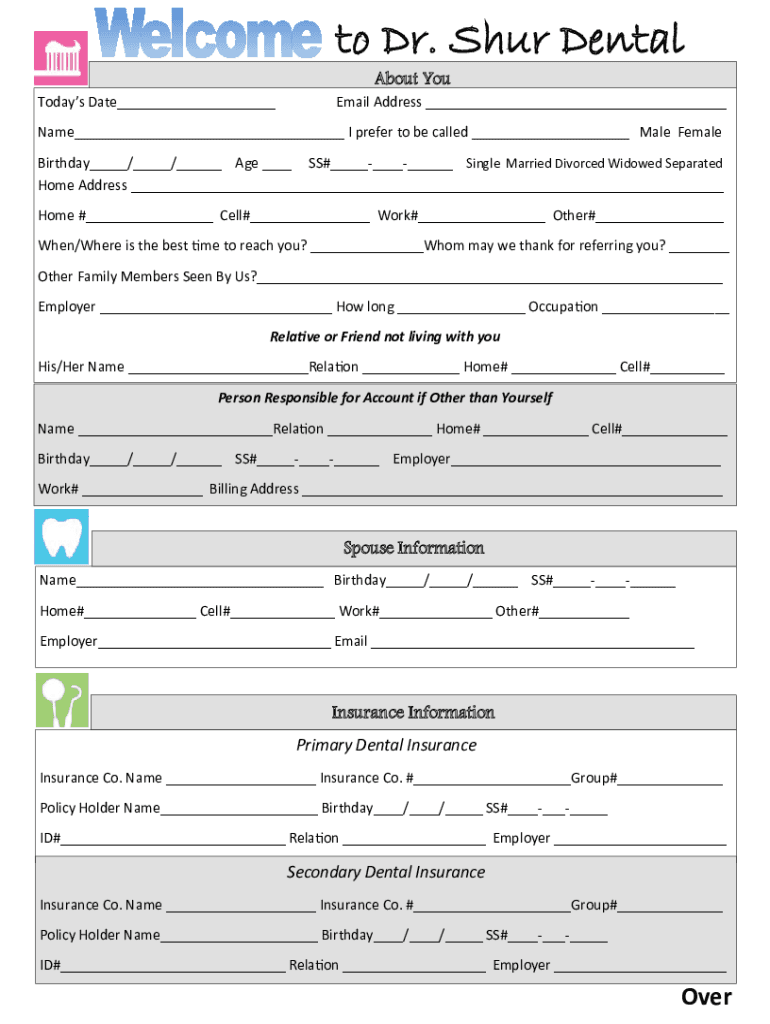 Fillable Online Adult New Patient Form - Dr. Shur Dental Fax Email ...