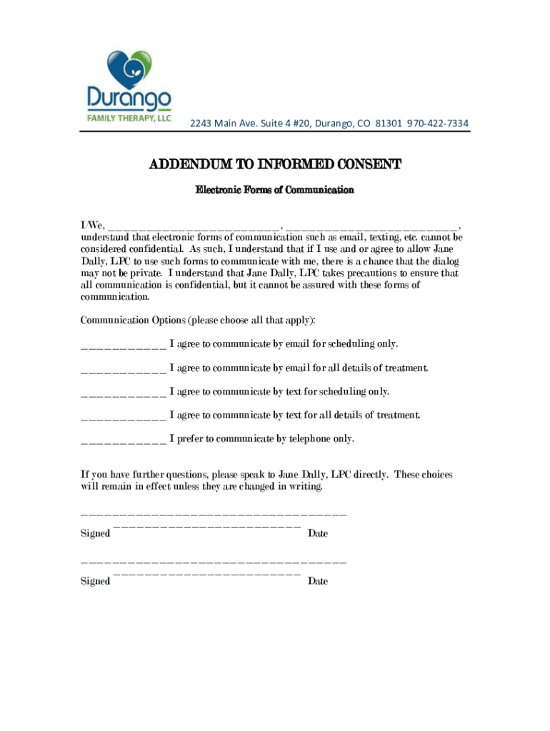 Fillable Online ADDENDUM TO INFORMED CONSENT - Durango Family Therapy ...
