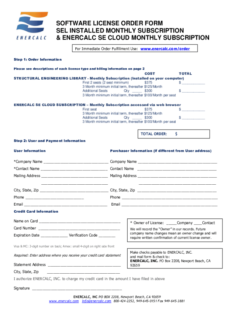 Fillable Online SOFTWARE LICENSE ORDER FORM SEL INSTALLED MONTHLY ...