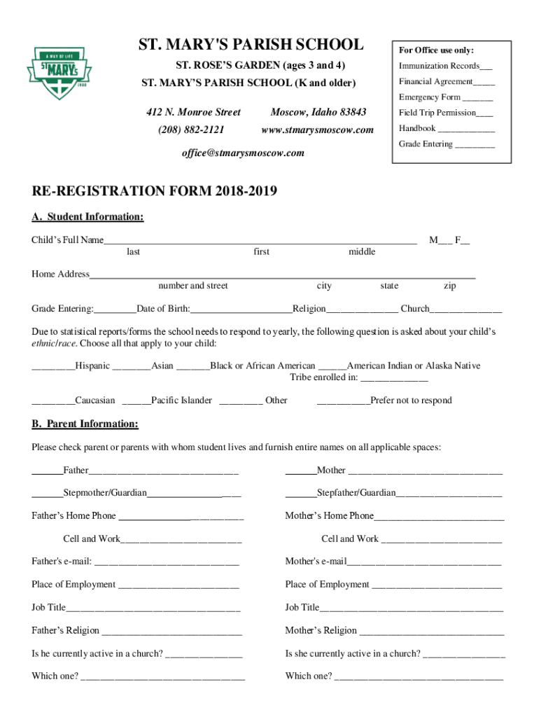Fillable Online ST. MARYS SCHOOL RE-REGISTATION FORM Fax Email Print ...