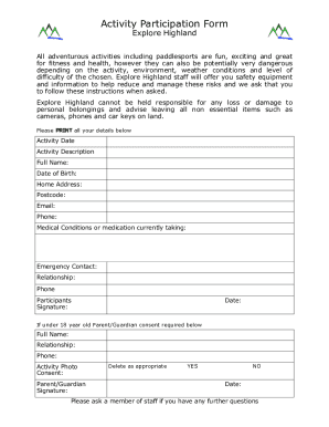 Fillable Online Activity Participation Form - explorehighland.com Fax ...