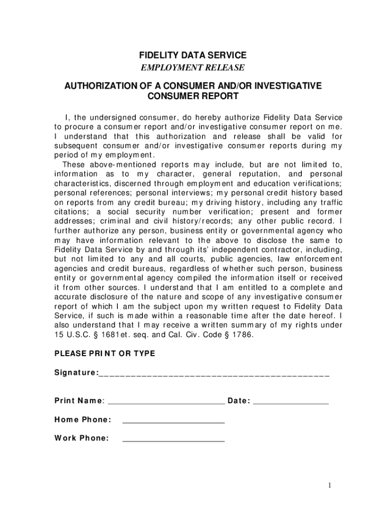 Fillable Online FIDELITY DATA SERVICE AUTHORIZATION OF A CONSUMER AND ...